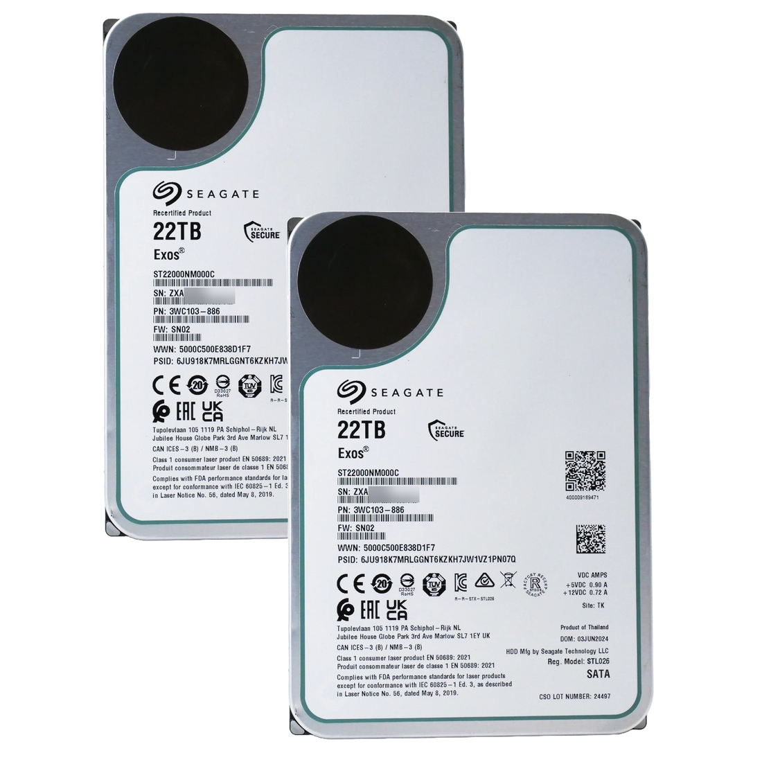 2 Pack Recertified Seagate EXOS 22TB ST22000NM000C ENTERPRISE 3.5" SAT ...